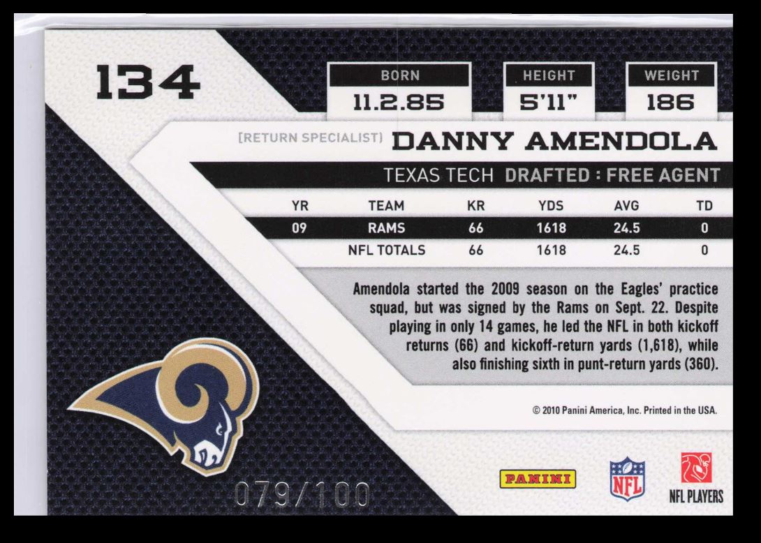 2010 Panini Threads Gold Holofoil Danny Amendola #134 on Kronozio