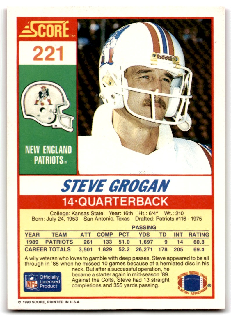 1990 Score Steve Grogan #221 on Kronozio