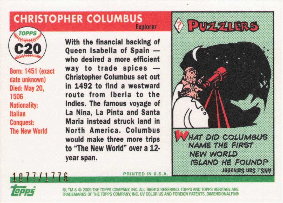 2009 Topps Heritage Chrome Christopher Columbus #C20 on Kronozio