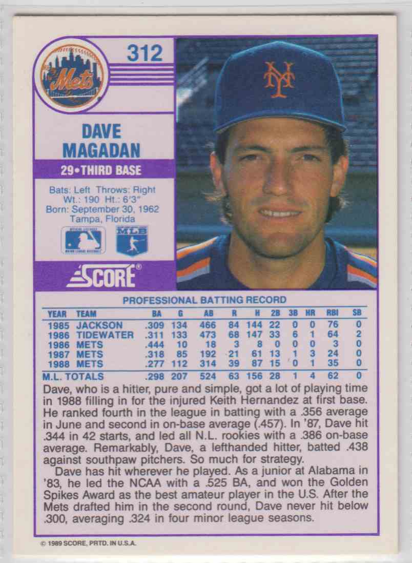 1989 Score Dave Magadan #312 on Kronozio