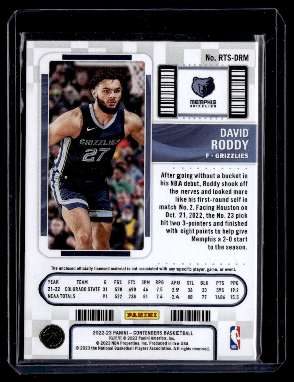 2022-23 Panini Contenders Rookie Ticket Swatches David Roddy #RTS-DRM ...
