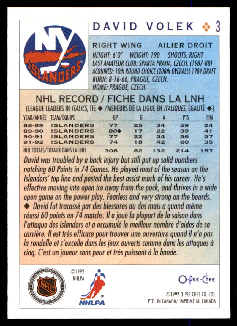 1992-93 O-Pee-Chee David Volek #3 on Kronozio