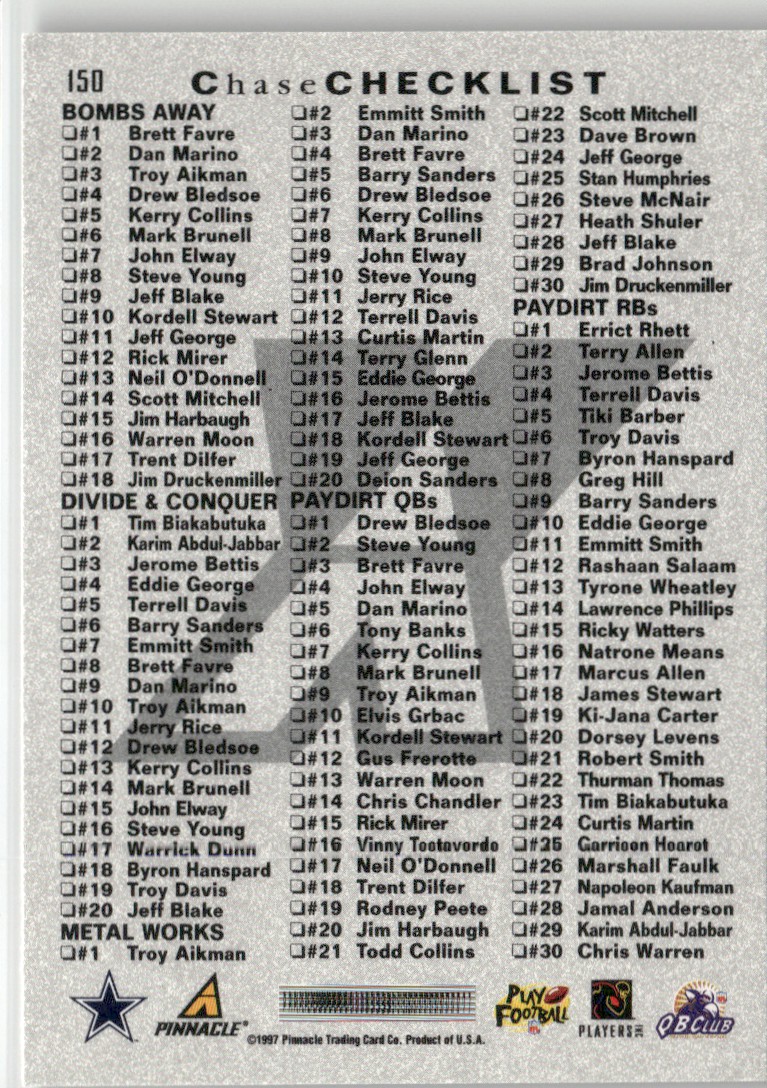 1997 Pinnacle X-Press Chase Checklist NFL Troy Aikman #150 on Kronozio