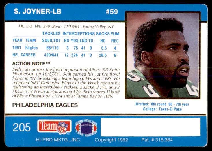 1992 Action Packed Seth Joyner #205 on Kronozio