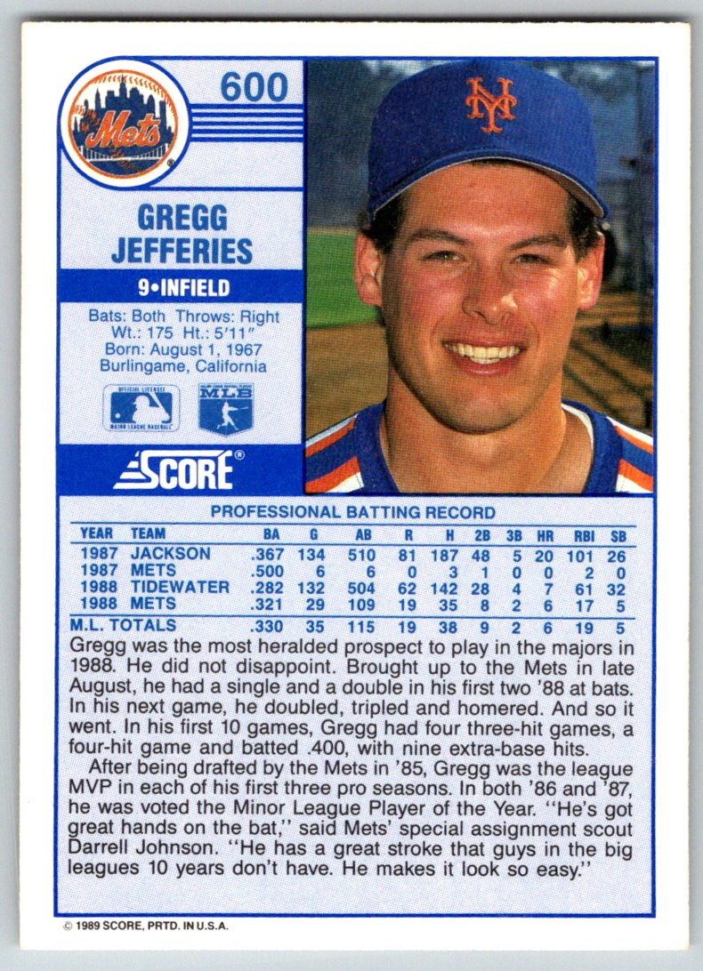 1989 Score Gregg Jefferies #600 on Kronozio