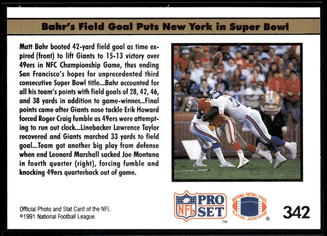 1991 Pro Set 1990 Replay Matt Bahr #342 on Kronozio