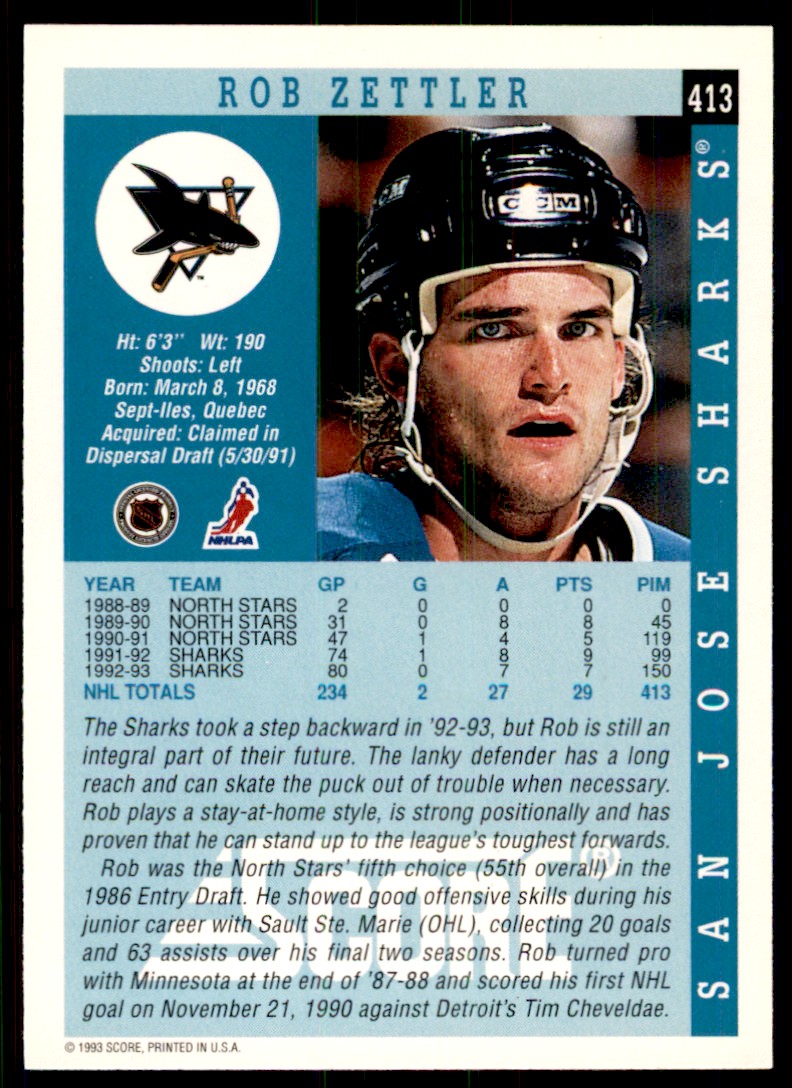 1993-94 Score Rob Zettler #413 on Kronozio