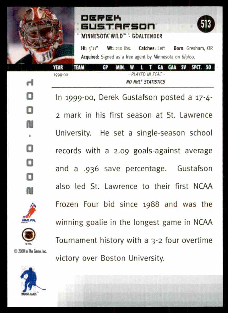 2000-01 Bap Memorabilia Derek Gustafson #513 on Kronozio