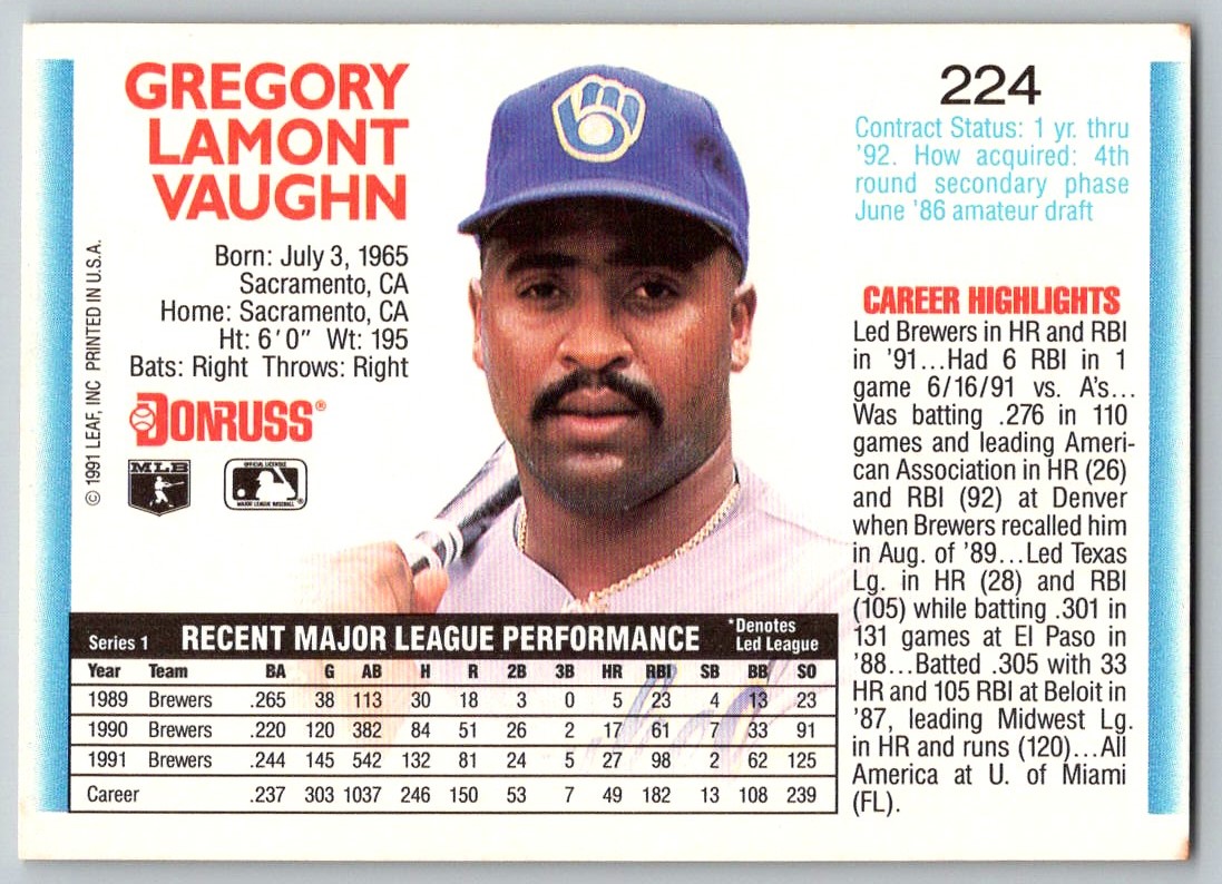1991 Leaf Donruss 1992 Greg Vaugh #224 on Kronozio