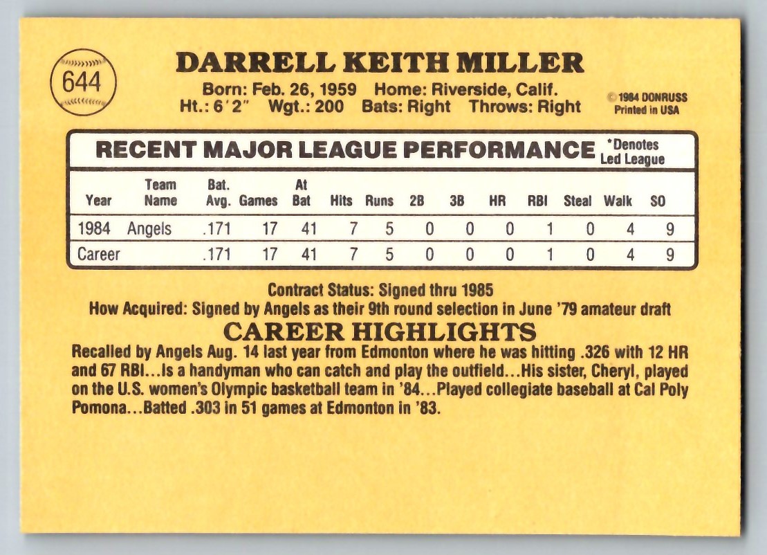 1985 Donruss Darrell Miller #644 on Kronozio