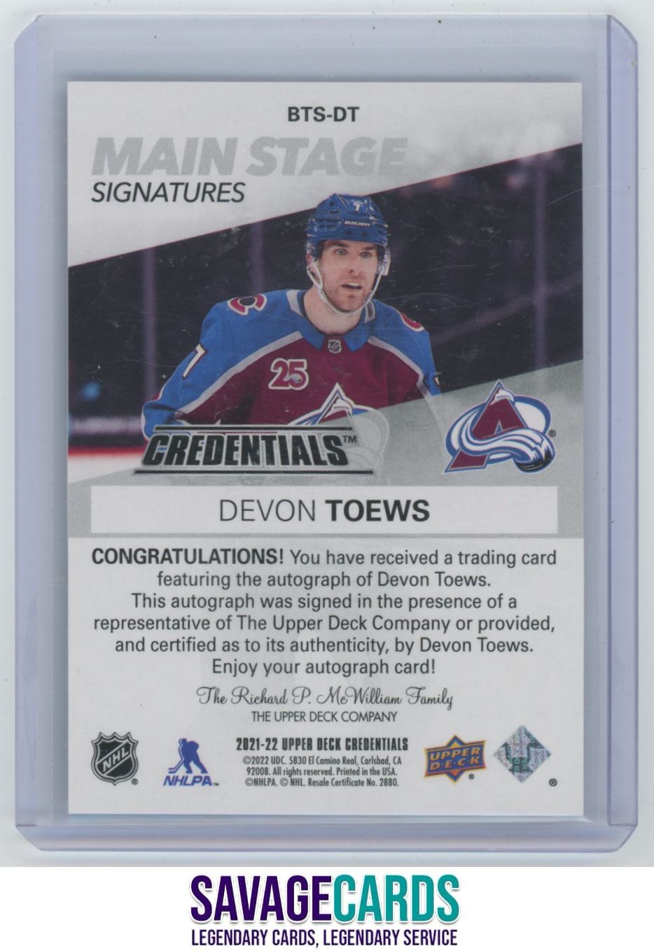 2021-22 UD Credentials Main Stage Signatures Devon Toews #BTS-DT on ...