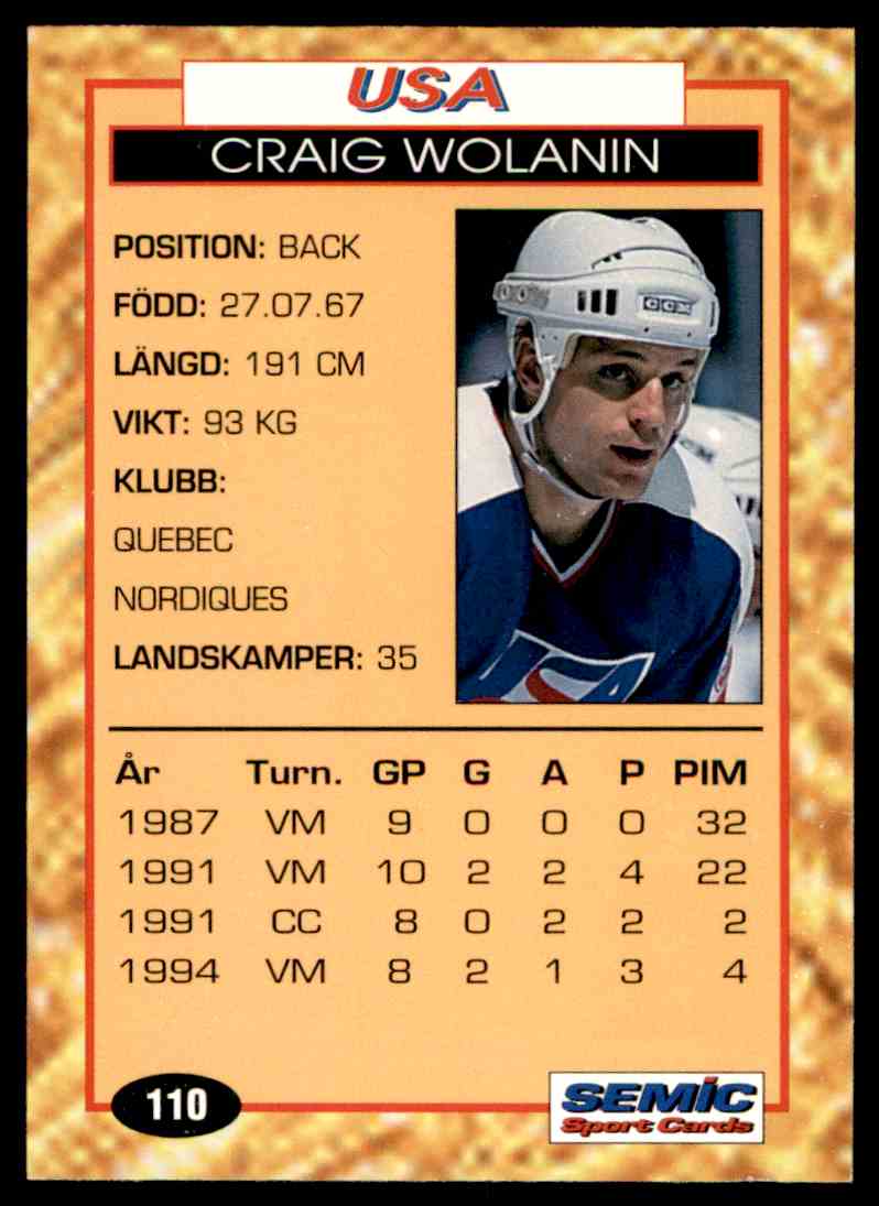 1995-96 Semic Vm'95 Craig Wolanin #110 on Kronozio