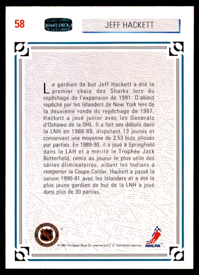 1991-92 Upper Deck Jeff Hackett #58 on Kronozio