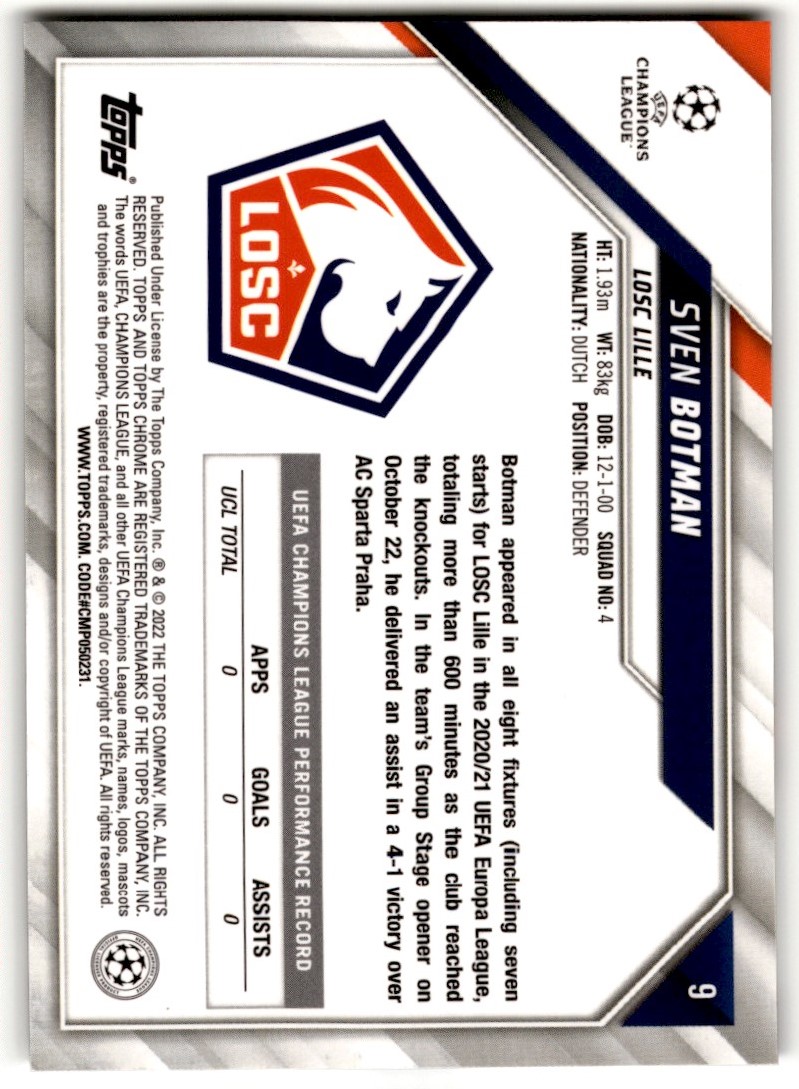 2021 Topps Chrome UEFA Champions League Sven Botman #9 on Kronozio