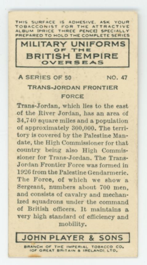 1938 Players Cigarettes Military Uniforms British Empire Trans-Jordan ...