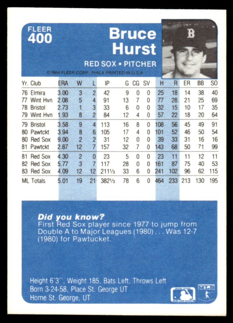 1984 Fleer Bruce Hurst #400 on Kronozio
