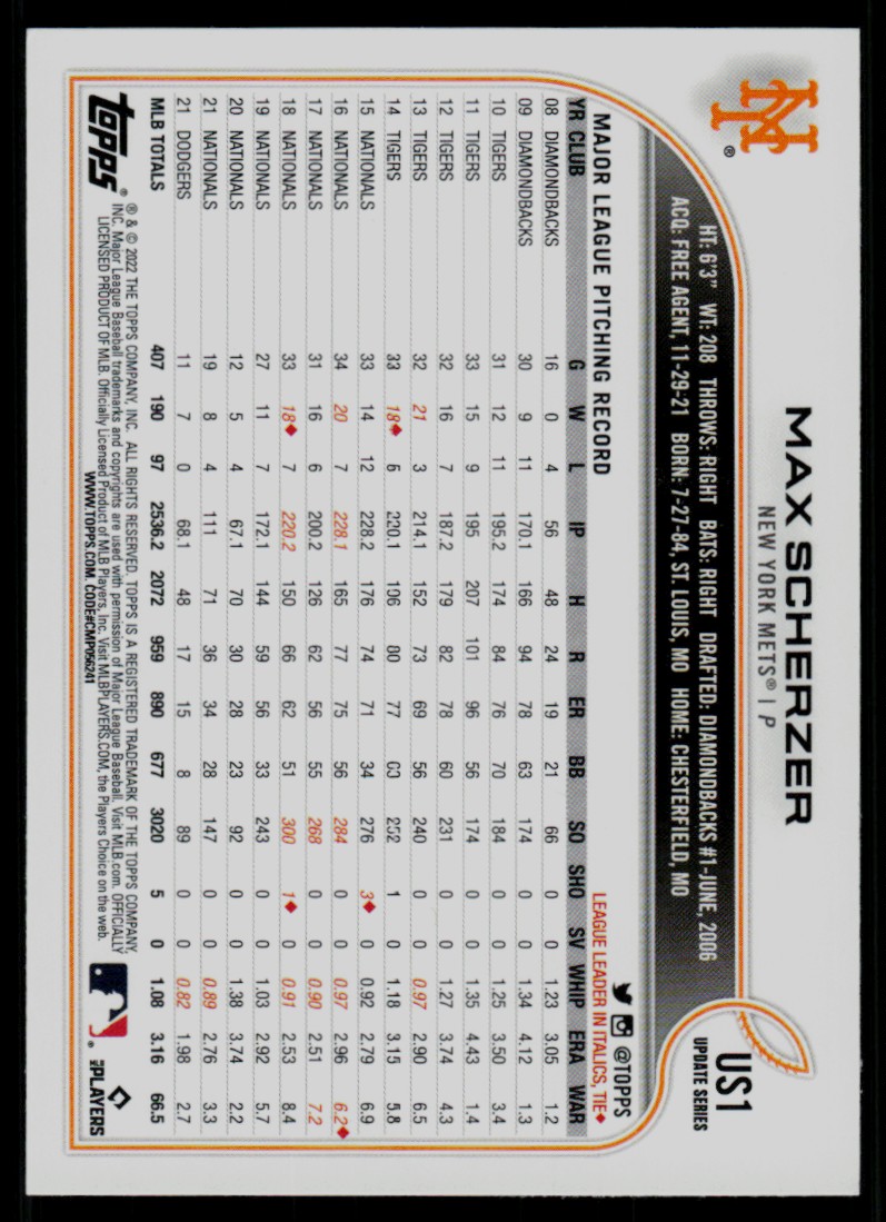 2022 Topps Update Max Scherzer #US1 on Kronozio