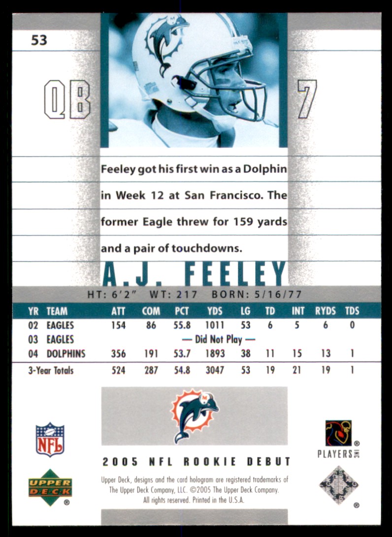 2005 Upper Deck Rookie Debut Football Card A.J. Feeley #53 on Kronozio