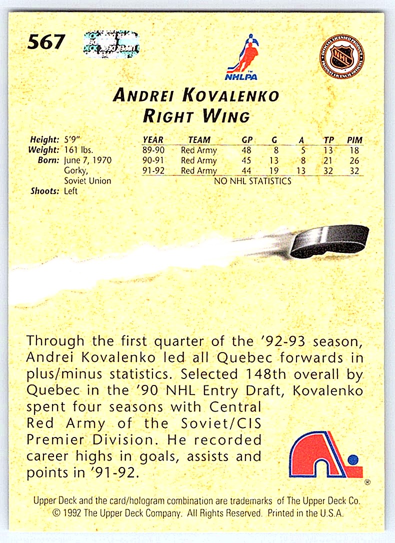 1992-93 Upper Deck Young Guns Andrei Kovalenko #567 on Kronozio