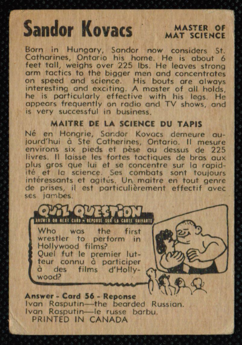1954 1955 Parkhurst Wrestling Sandor Kovacs #57 on Kronozio