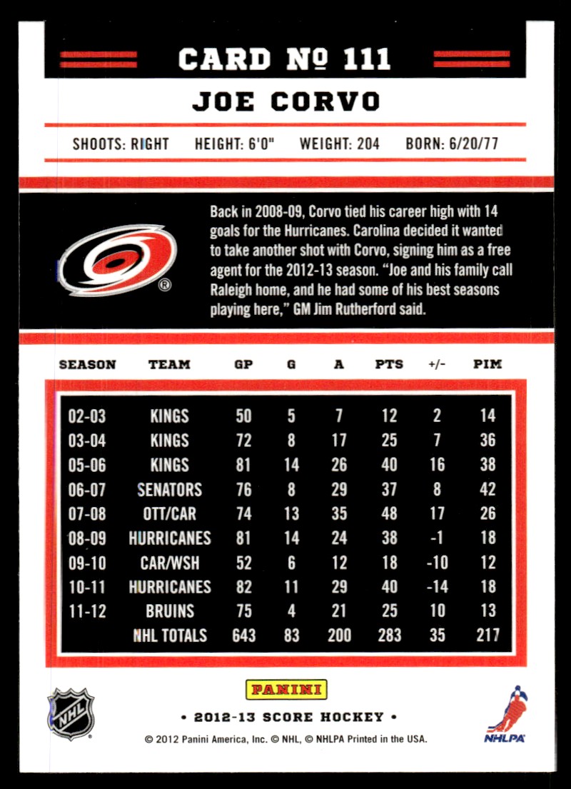 2012-13 Score Joe Corvo #111 on Kronozio
