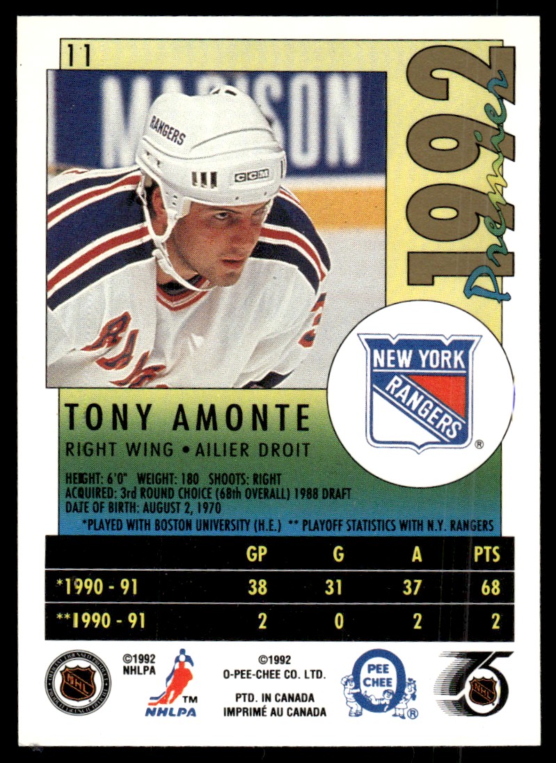 1991-92 O-Pee-Chee Premier Hot Tony Amonte #11 on Kronozio