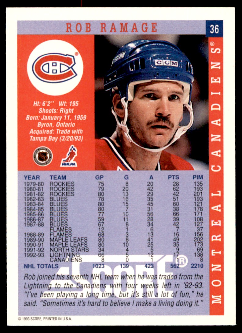 1993-94 Score Rob Ramage #36 on Kronozio