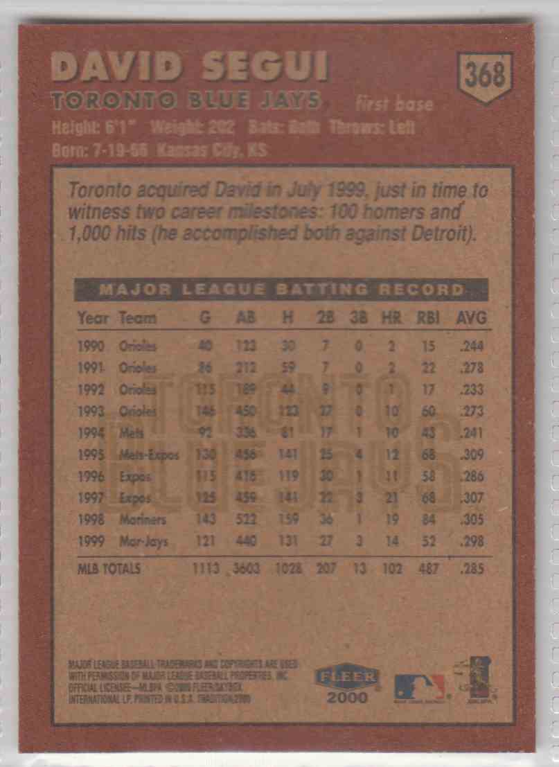 2000 Fleer Tradition David Segui #368 on Kronozio