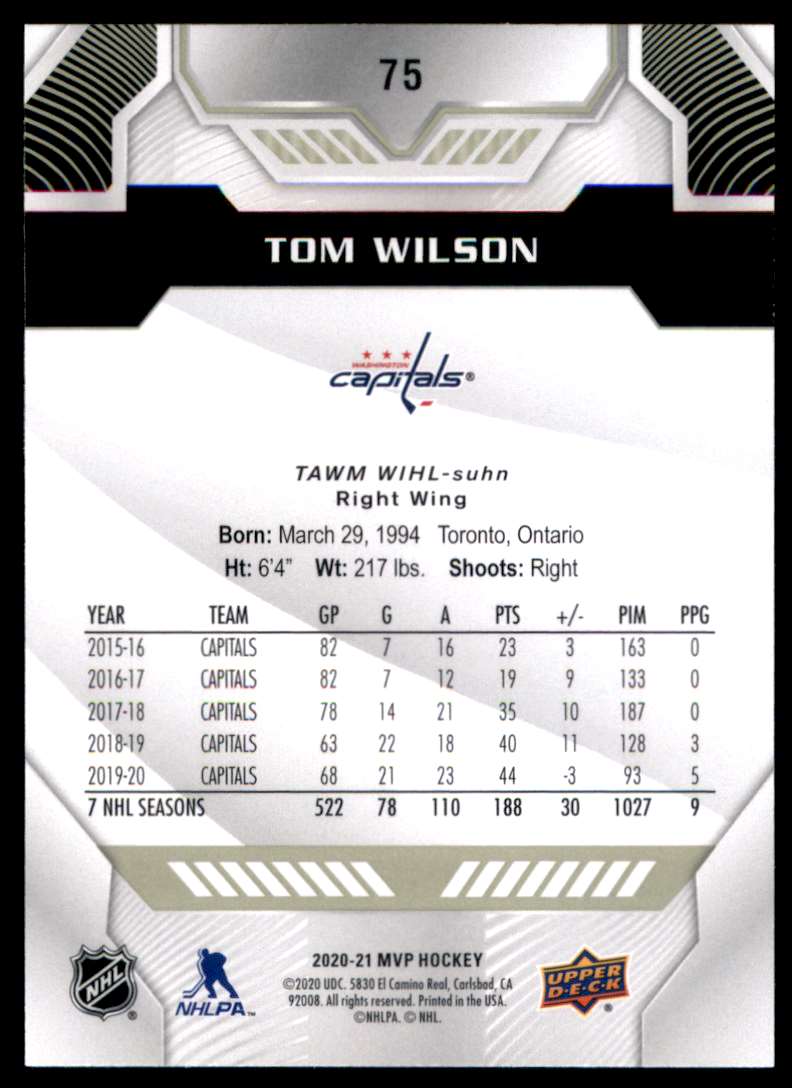 2020-21 Upper Deck MVP Hockey Card Tom Wilson #75 on Kronozio