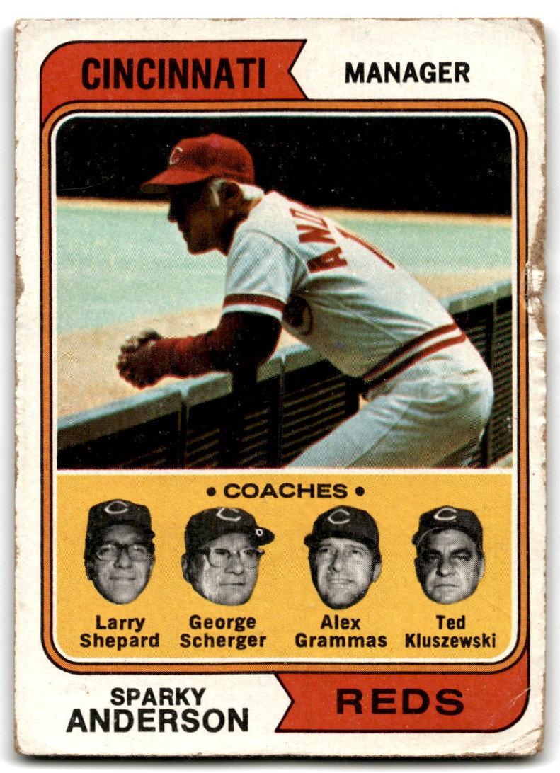1974 Topps Sparky Anderson/Larry Shepard/George Scherger/Ted Kluszewski ...