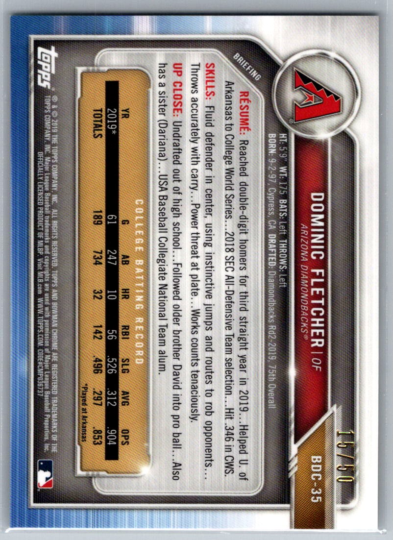 2019 Bowman Draft Chrome Sapphire Greenr Dominic Fletcher #BDC-35 on ...