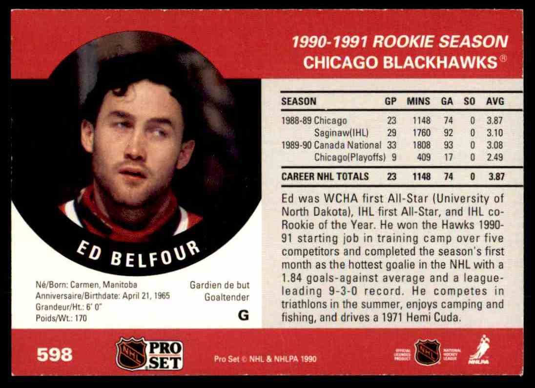 1990-91 Pro Set Ed Belfour #598 on Kronozio