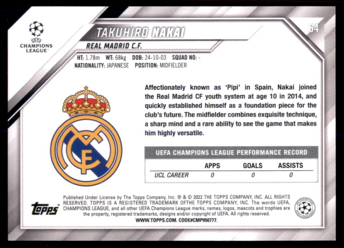2021 Topps UEFA Champions League Takuhiro Nakai #64 on Kronozio
