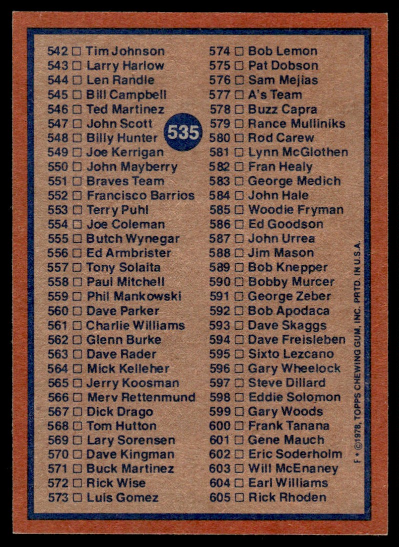 1978 Topps Nm Checklist 785-605 #535 on Kronozio