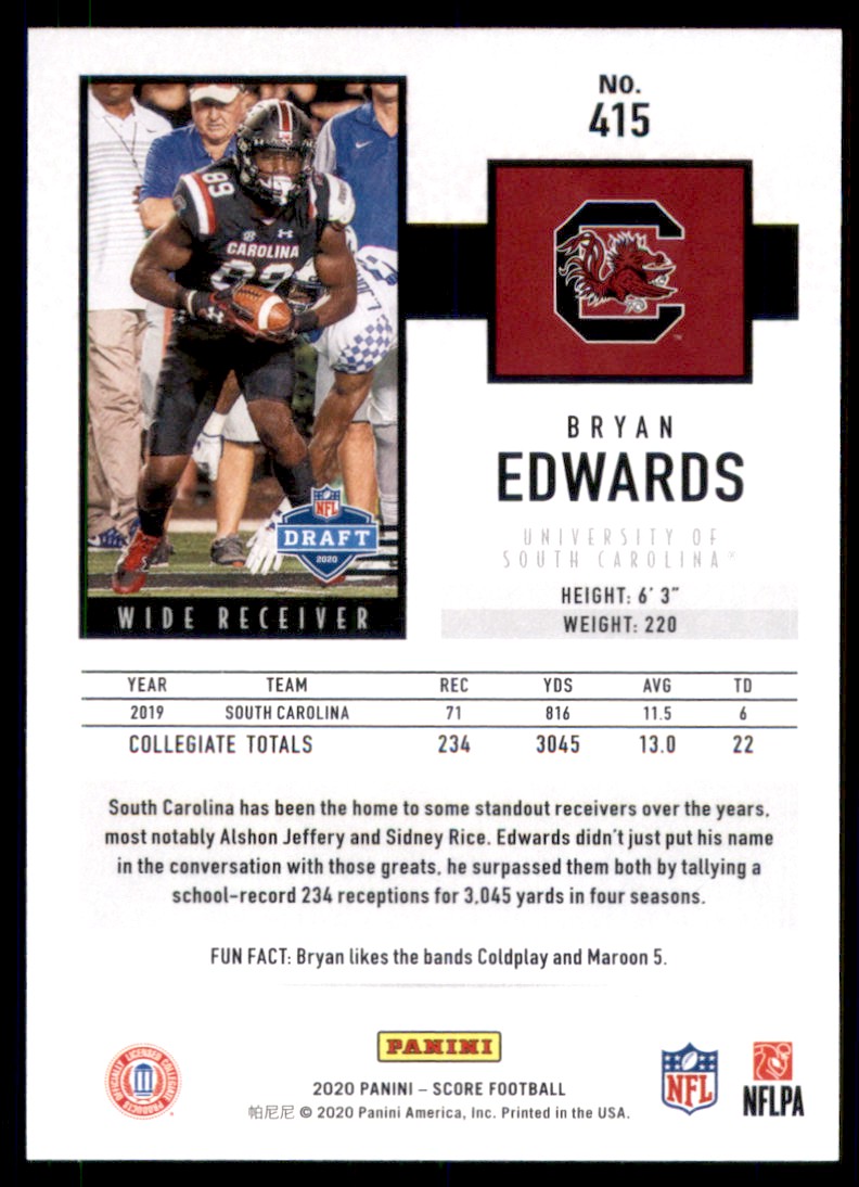 2020 Score Football Card Bryan Edwards #415 on Kronozio