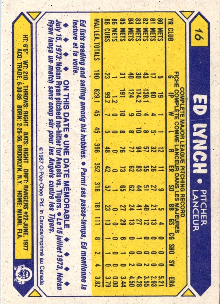 1987 O-Pee-Chee Ed Lynch #16 on Kronozio