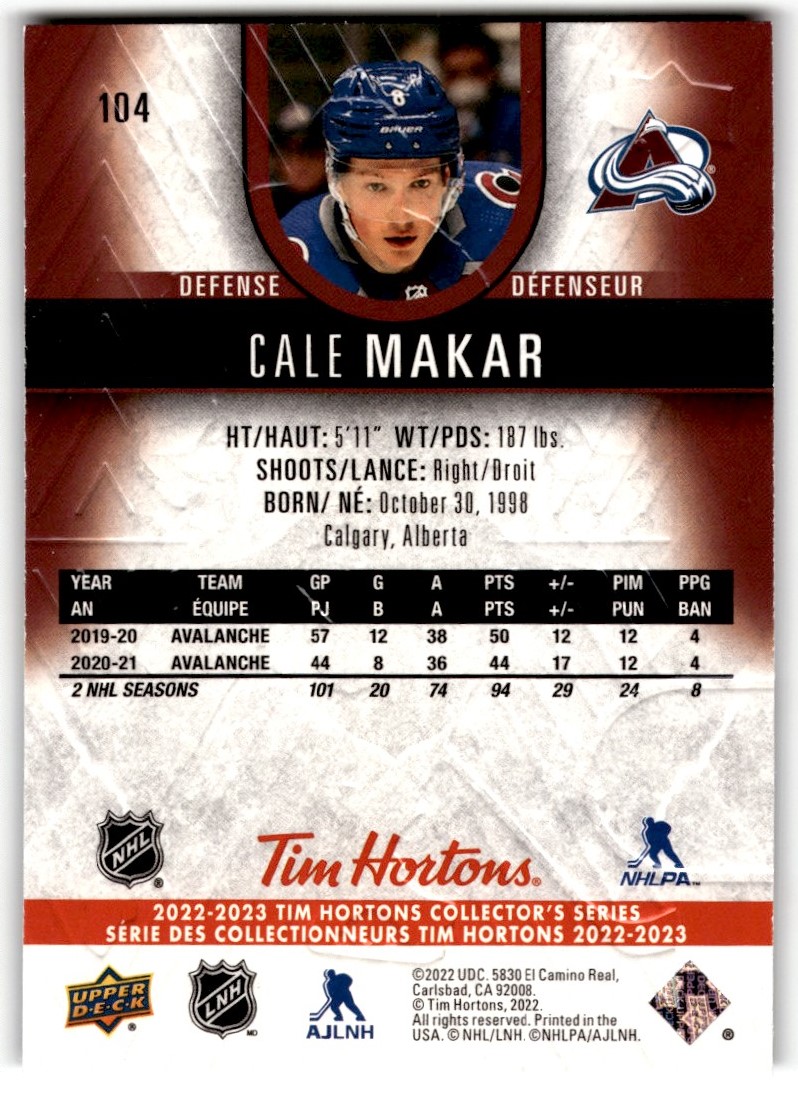 2022-23 Upper Deck Tim Hortons Cale Makar #104 on Kronozio