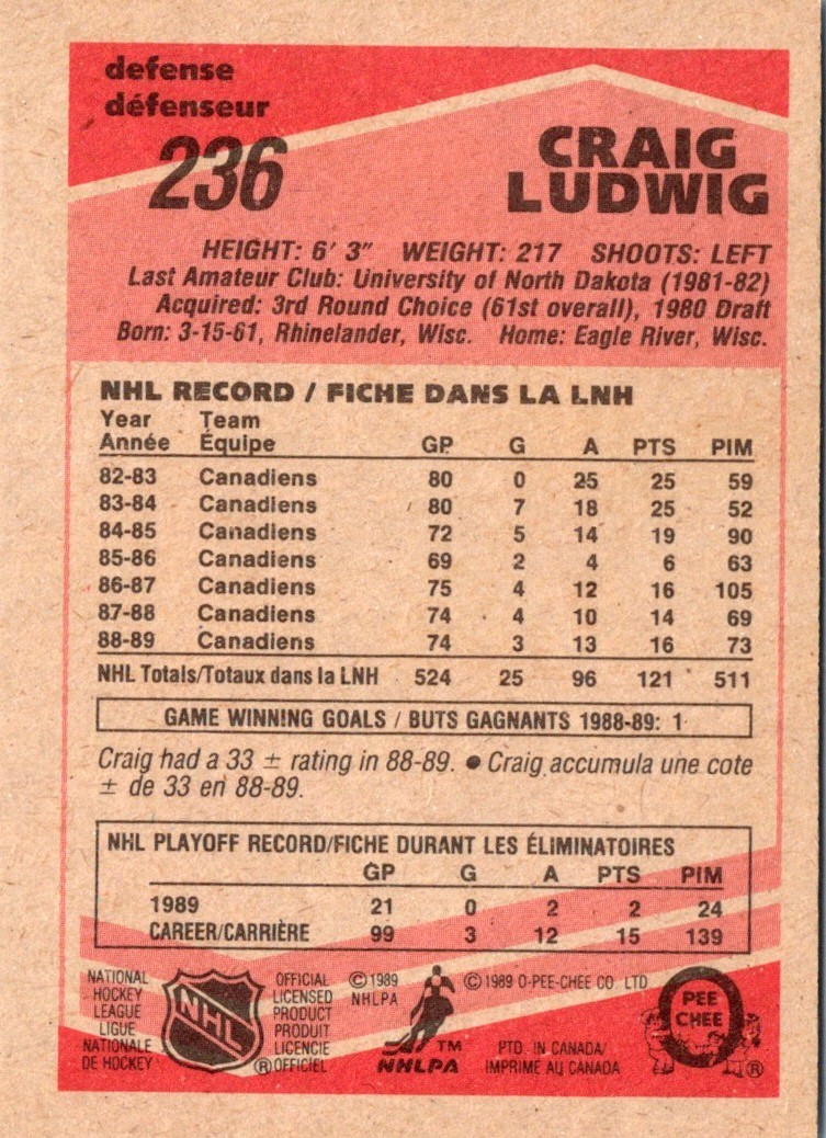 1989-90 O-Pee-Chee Craig Ludwig #236 on Kronozio