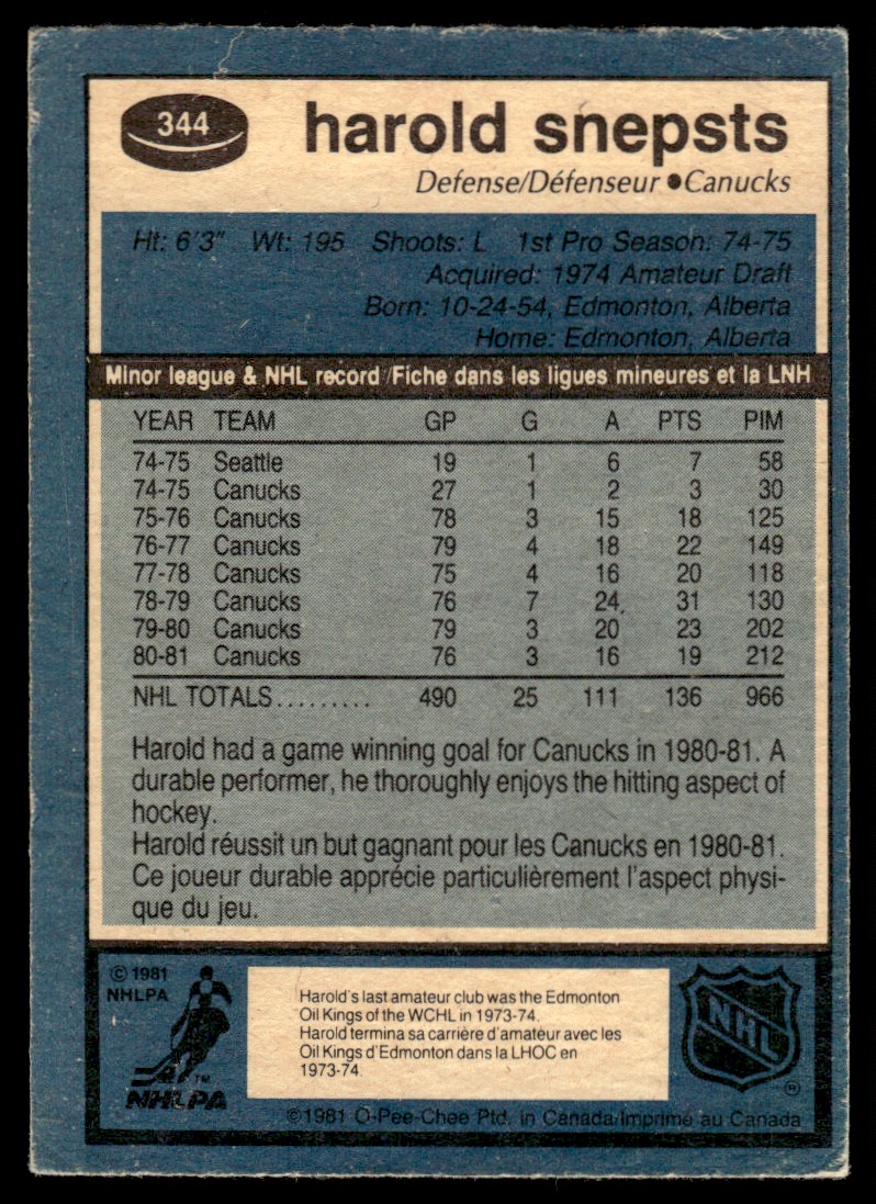 1981-82 O-Pee-Chee Hot! Harold Snepsts #344 on Kronozio