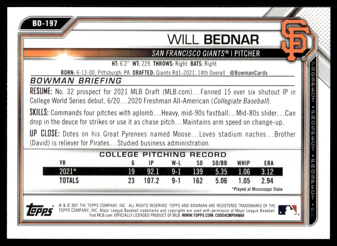2021 Bowman Draft Will Bednar G83 San Francisco Giants #BD-197 | eBay