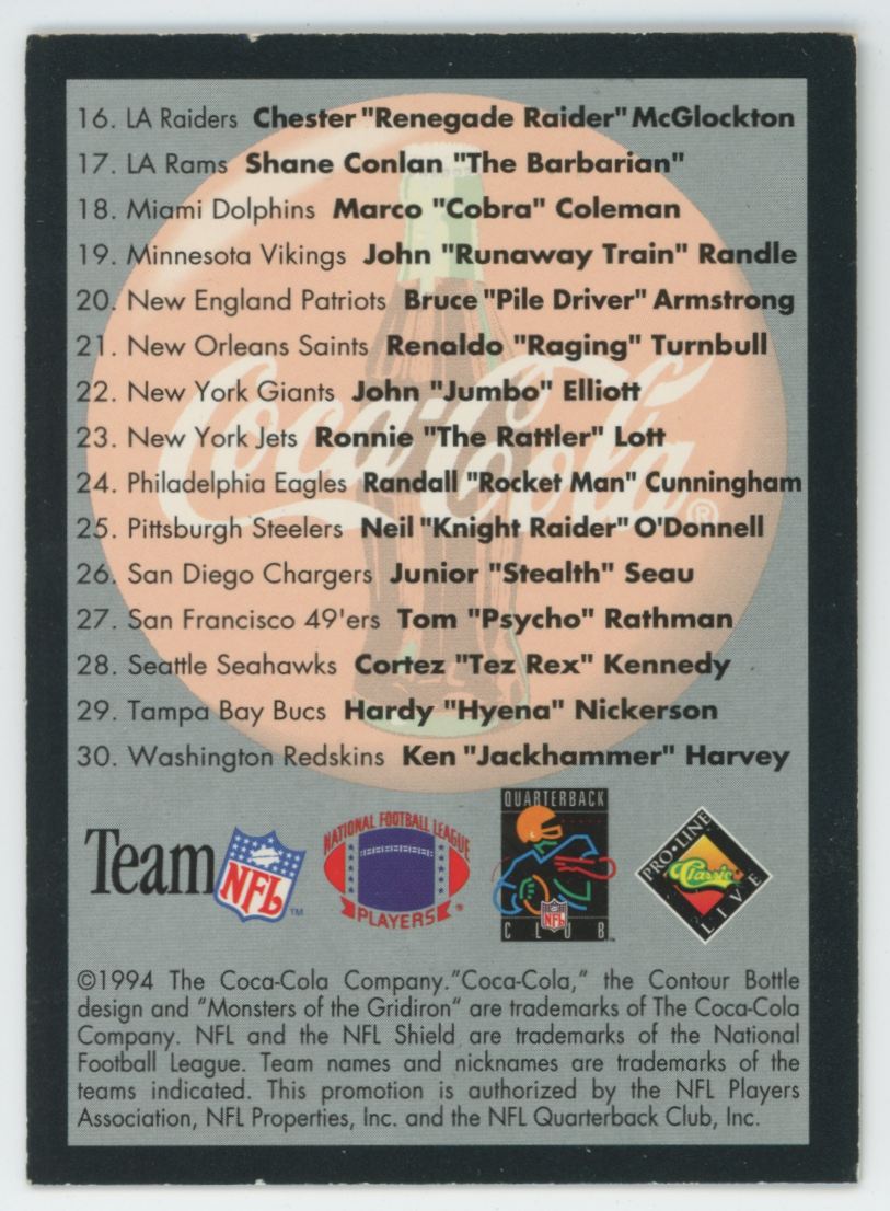 1993 Coca-Cola Monsters of the Gridiron Checklist on Kronozio