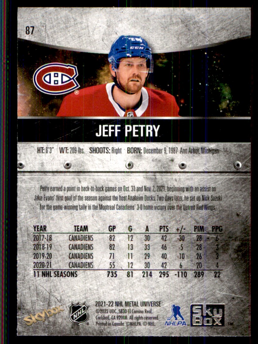 2021-22 Skybox Metal Universe Jeff Petry #87 on Kronozio