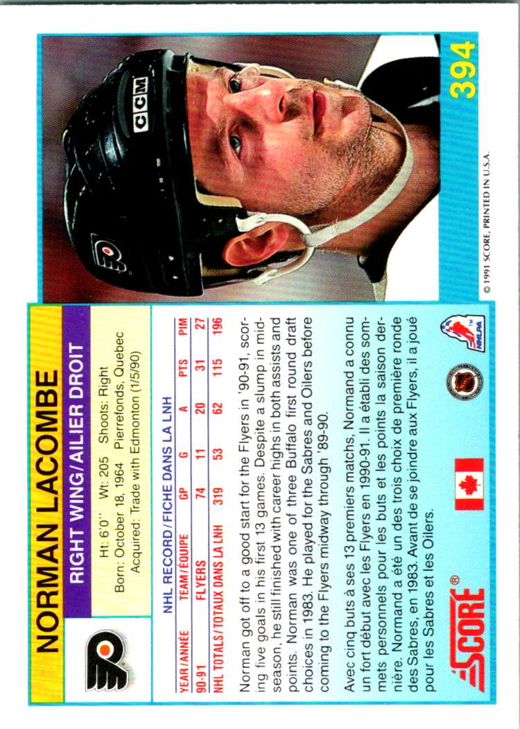 1991-92 Score Norman Lacombe #394 on Kronozio