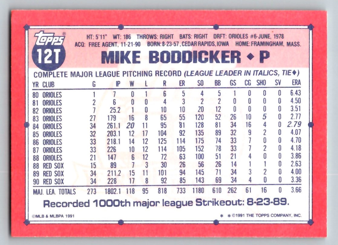 1991 Topps Traded Mike Boddicker #12T on Kronozio