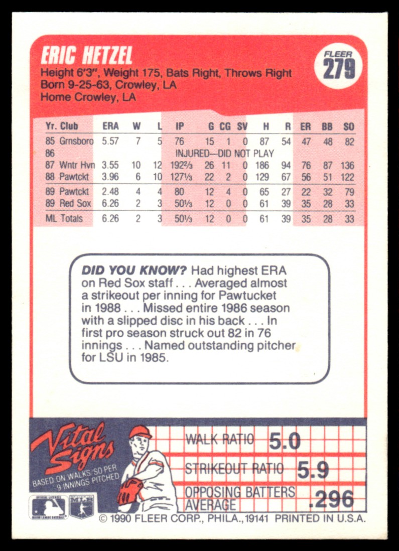 1990 Fleer Eric Hetzel #279 on Kronozio