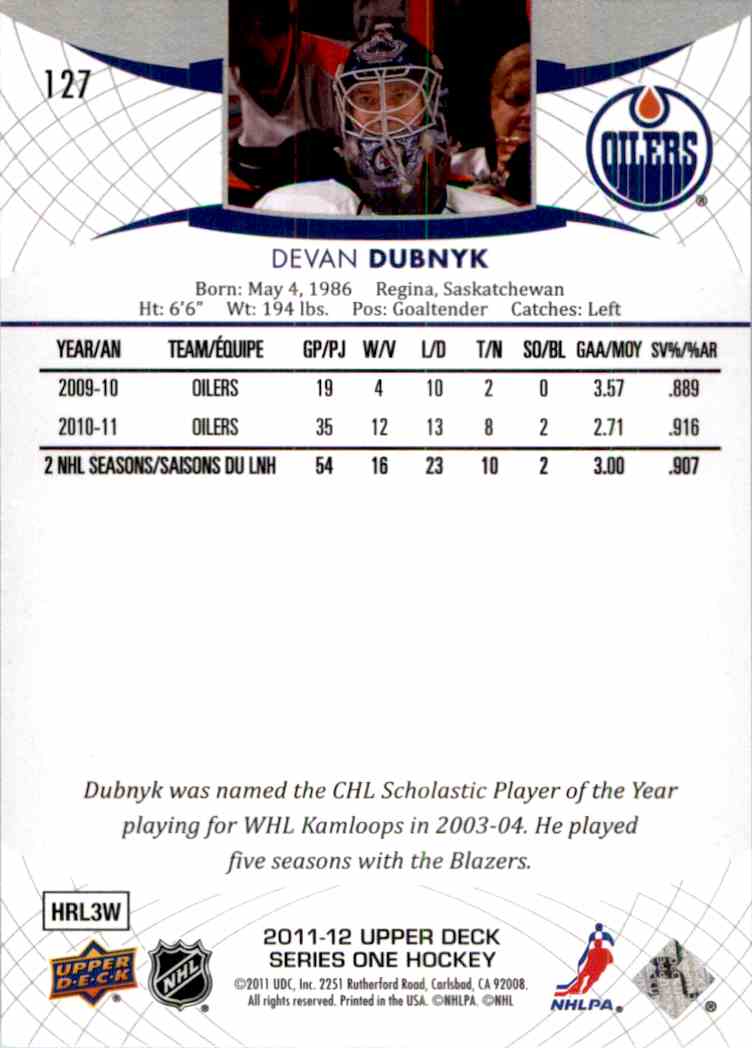 2011-12 Upper Deck Devan Dubnyk #127 on Kronozio
