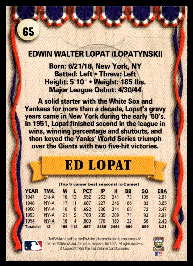 1993 Ted Williams Ed Lopat #65 on Kronozio