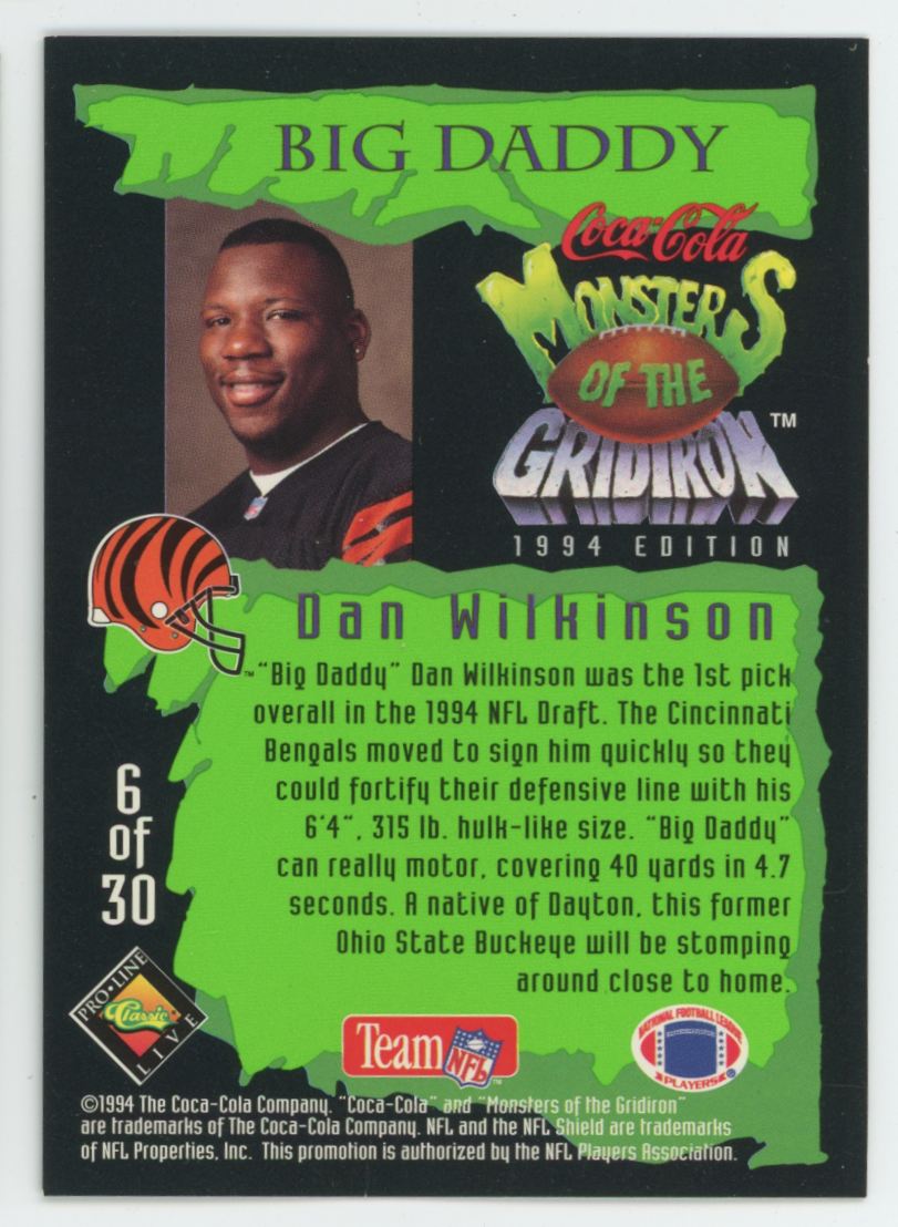 1994 Coca-Cola Monsters of the Gridiron Dan Wilkinson #6 on Kronozio