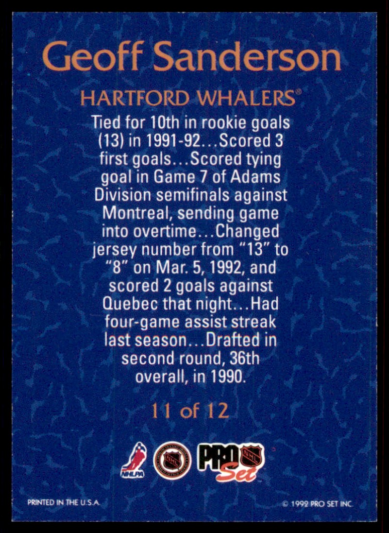 1992-93 Pro Set Rookie Goal Leader Geoff Sanderson #11 on Kronozio