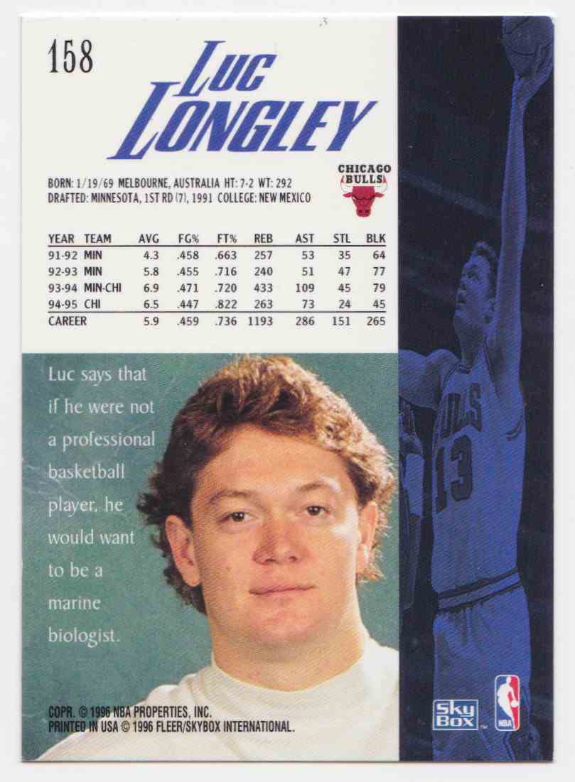 1995-96 Skybox Premium Base Luc Longley #158 on Kronozio